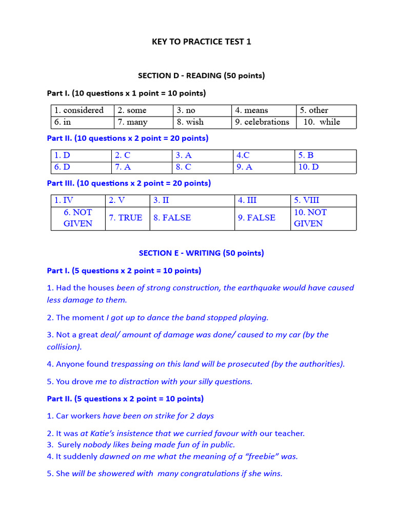 Practice Test Answer Key | PDF
