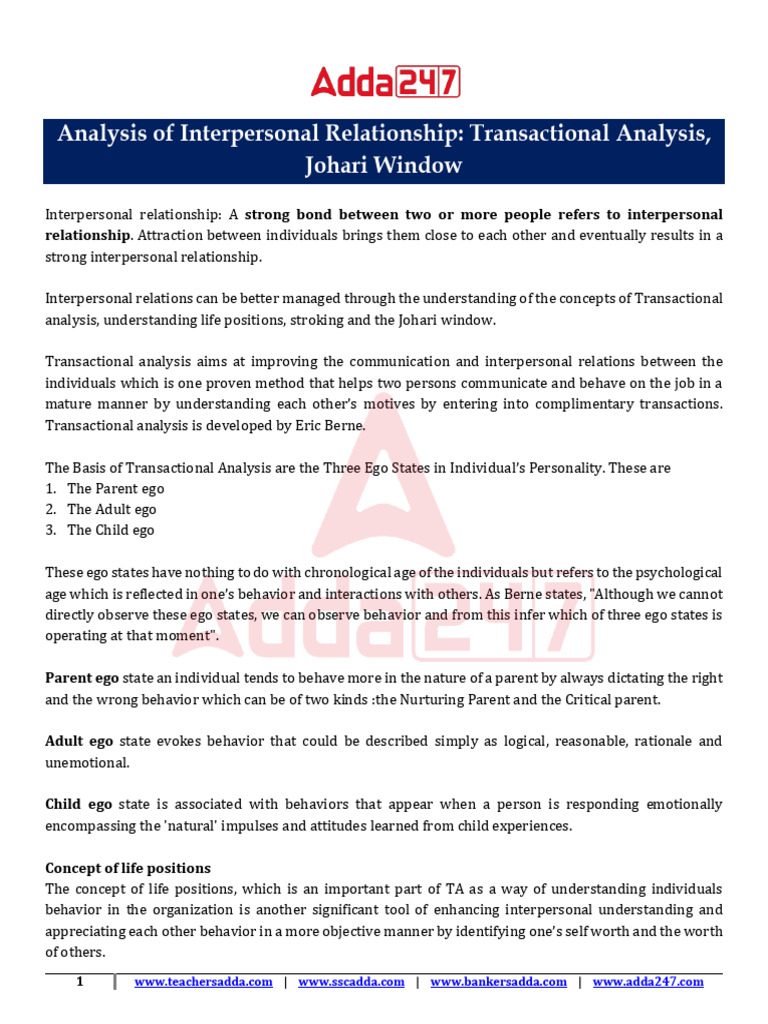 Interpersonal Relationships: TA & Johari Window | PDF | Interpersonal ...