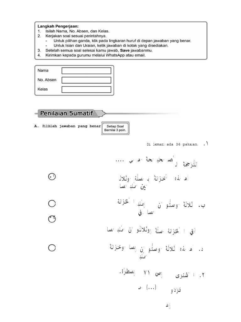 MTs Bahasa Arab 7-2 Penilaian Sumatif Bab 4 | PDF