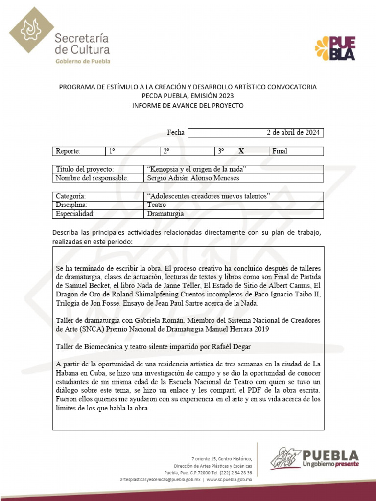 Formato de Informes Pecda 2023 Sergio Adrian Tercer Informe | PDF | Teatro
