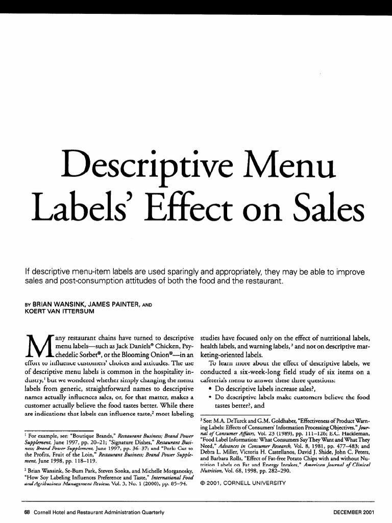 Descriptive Menu Labels Effect On Sales | PDF | Menu | Restaurants