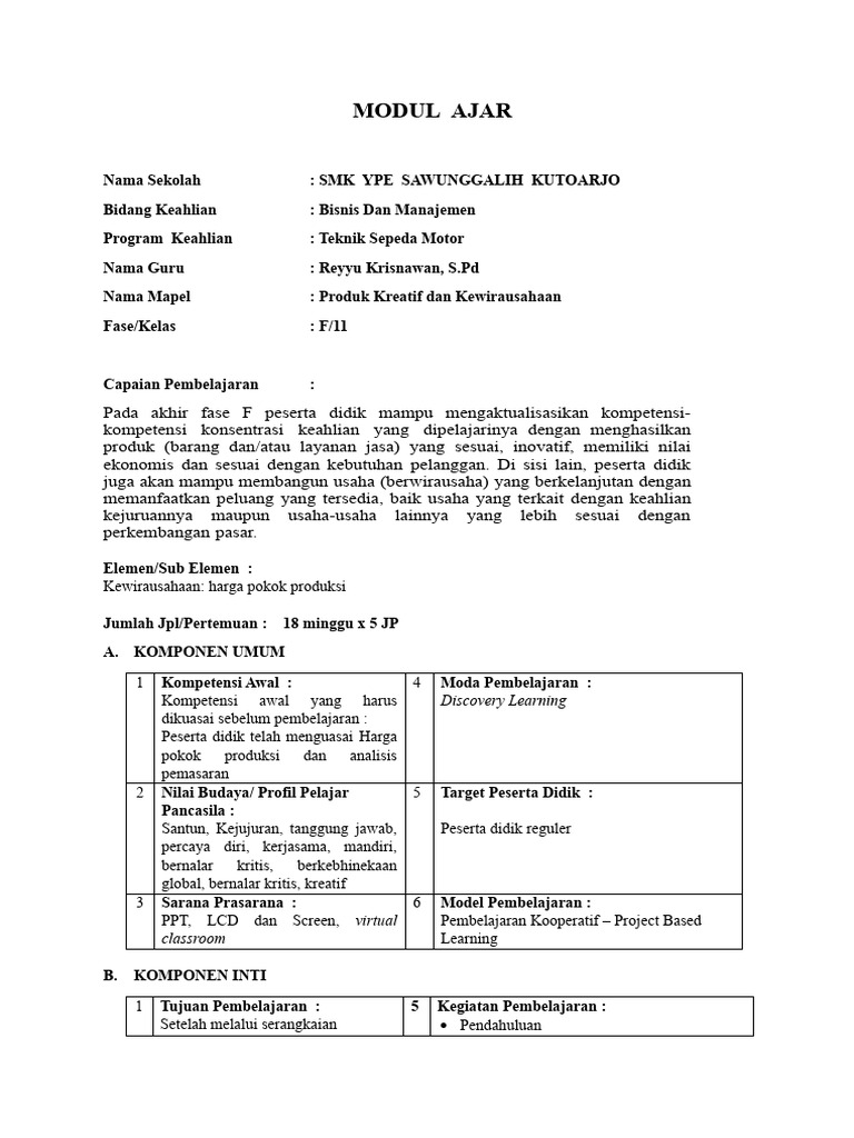 MODUL AJAR PKK Kelas XII - SEMESTER GAJIL - Kurmer | PDF