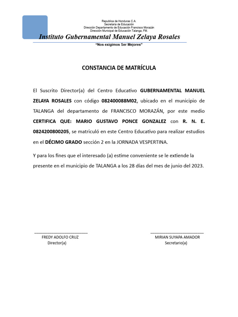 Constancia de Matrícula | PDF | Honduras | Centroamérica