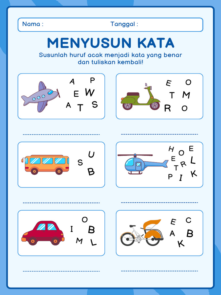 Biru Ilustrasi Menyusun Kata Acak Lembar Kerja Siswa Tema Transportasi ...