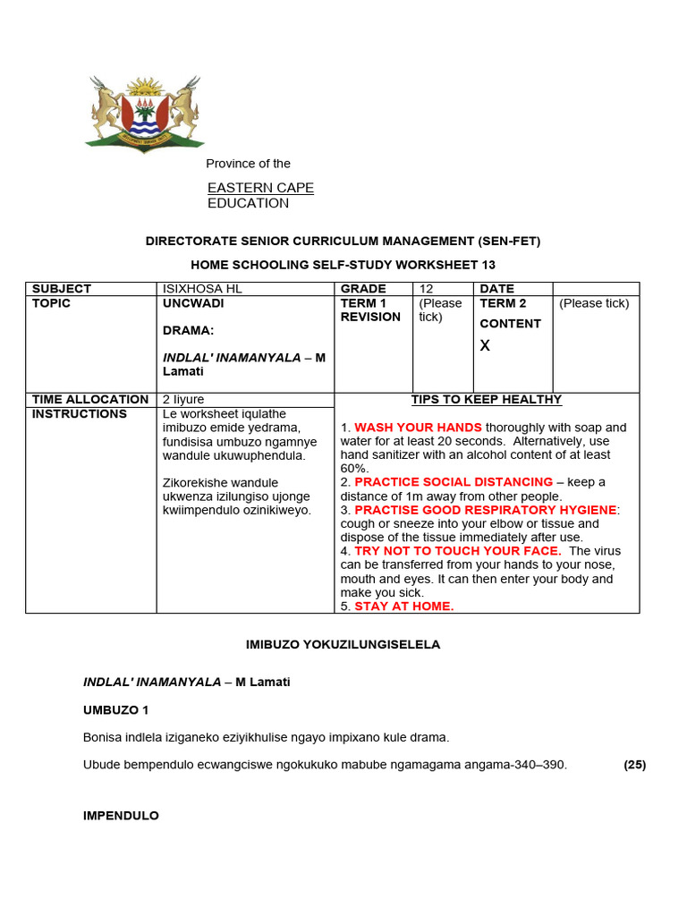 Isixhosa Grade 12 Essays and Answers For Drama Indlali'inamanyala | PDF ...