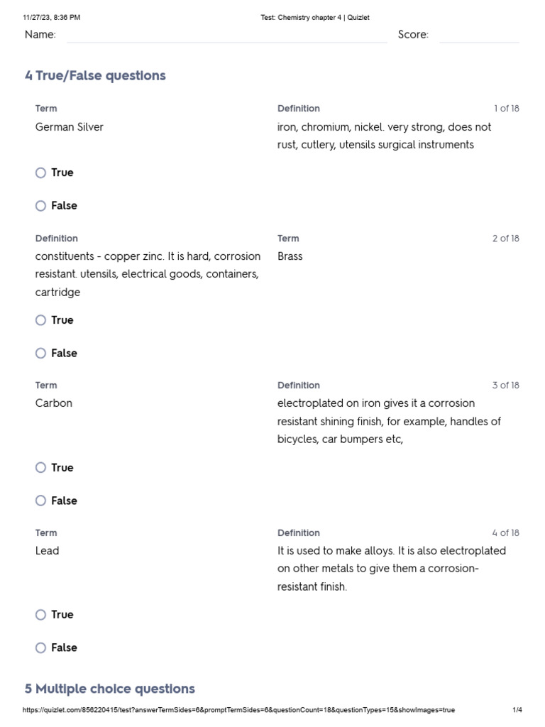 Chemistry Chapter 4 Quizlet Test | PDF | Corrosion | Metals