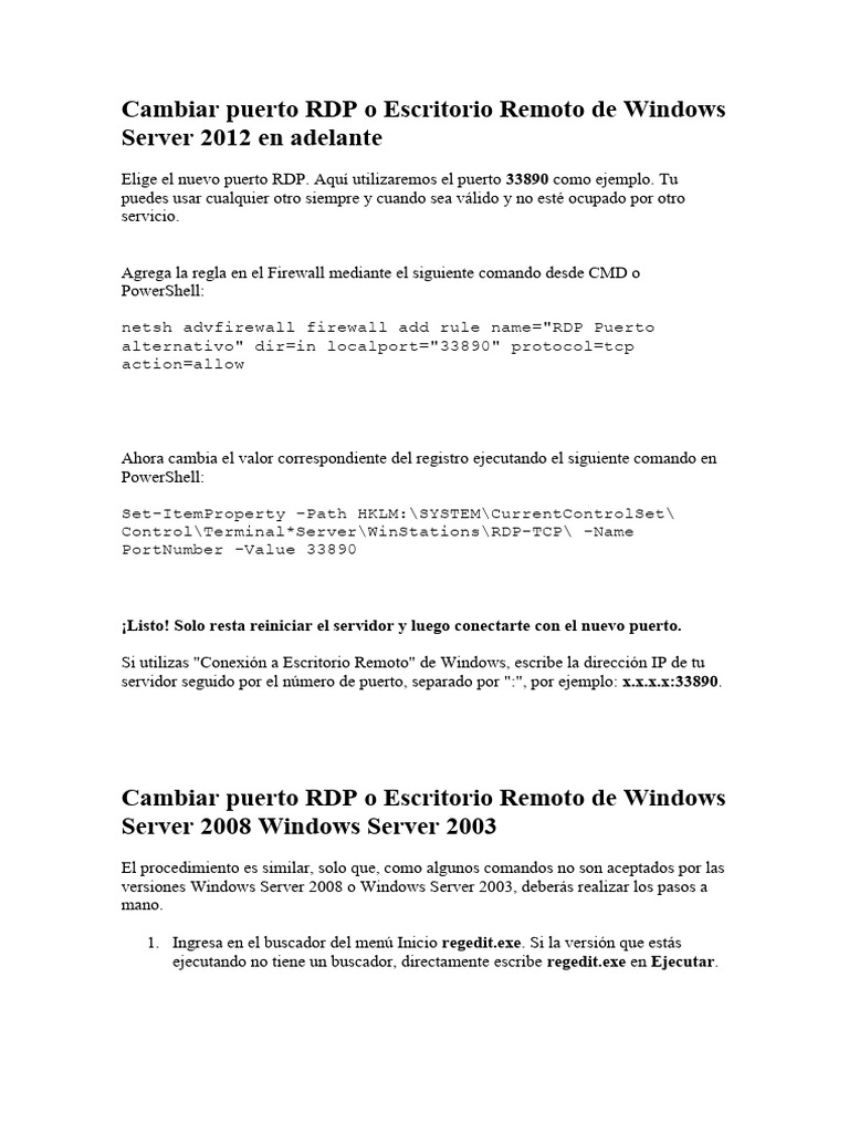Cambiar Puerto RDP o Escritorio Remoto de Windows Server 2012 en Adelante | Descargar gratis PDF ...