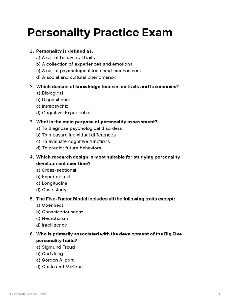 Personality Assessment Practice Exam | PDF | Psychology | Personality ...