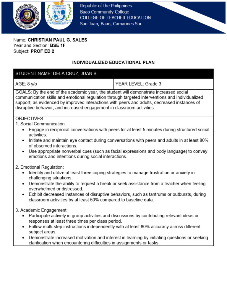 Prof. Ed - Explore - Individualized Educational Plan | PDF ...