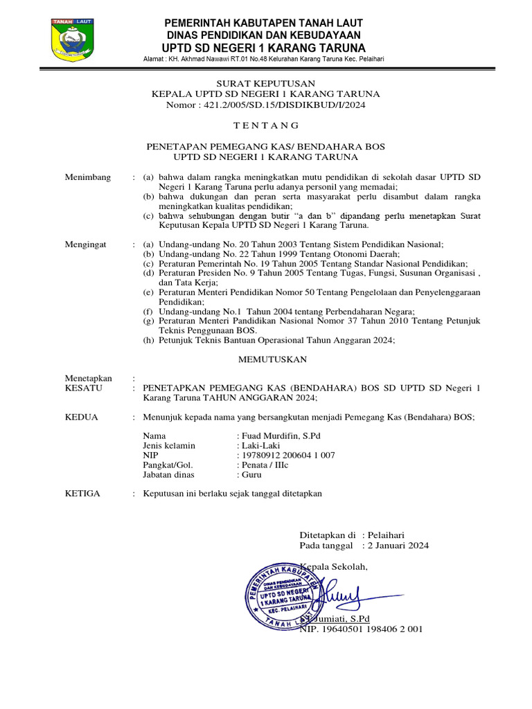 Form SK Bendahara Bos 2024 | PDF
