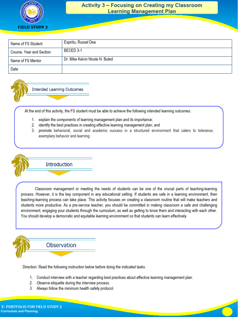 FS 2 Activity 3 | PDF | Learning | Classroom
