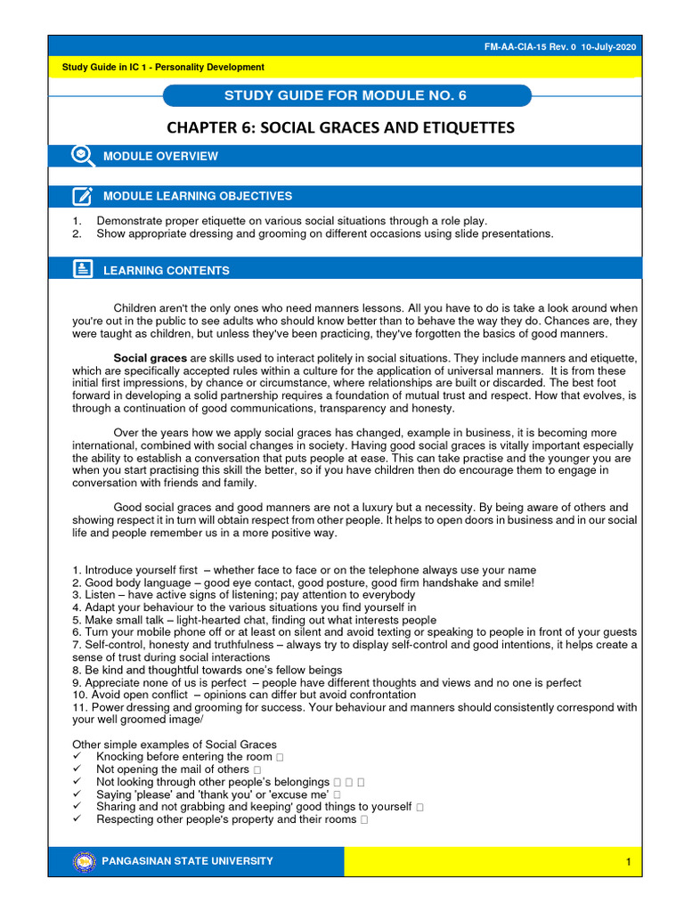 IC 1 Module 6 Social Graces and Etiquettes | PDF | Etiquette | Human ...