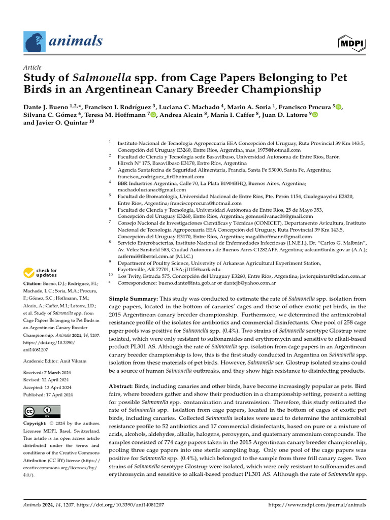 Study of Salmonella Spp. From Cage Papers Belonging To Pet Birds in An Argentinean Canary ...