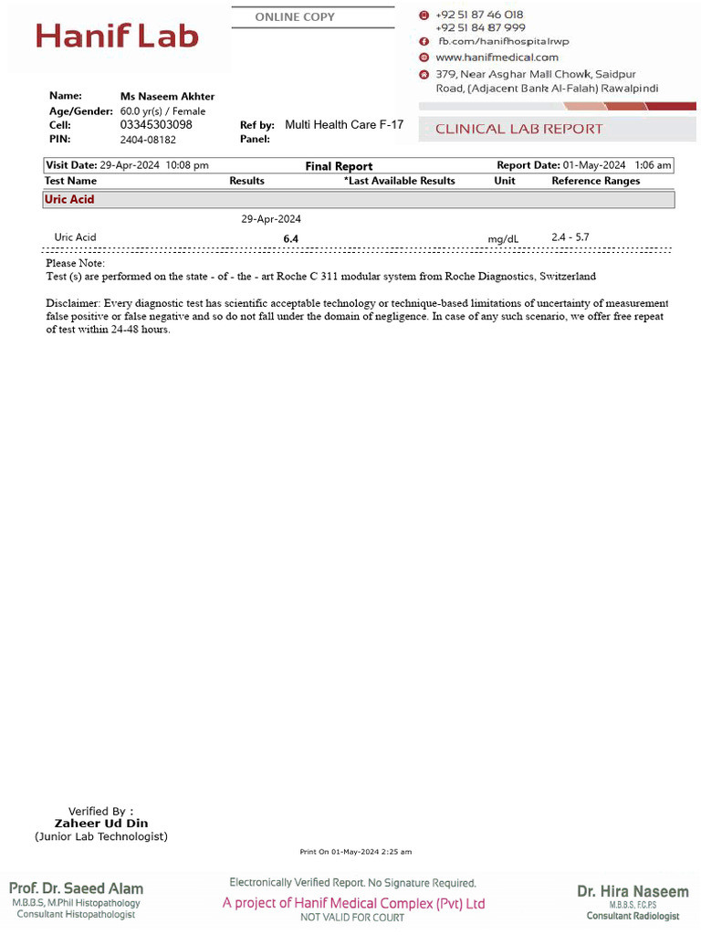 Uric Acid and Hemoglobin Test Results | PDF