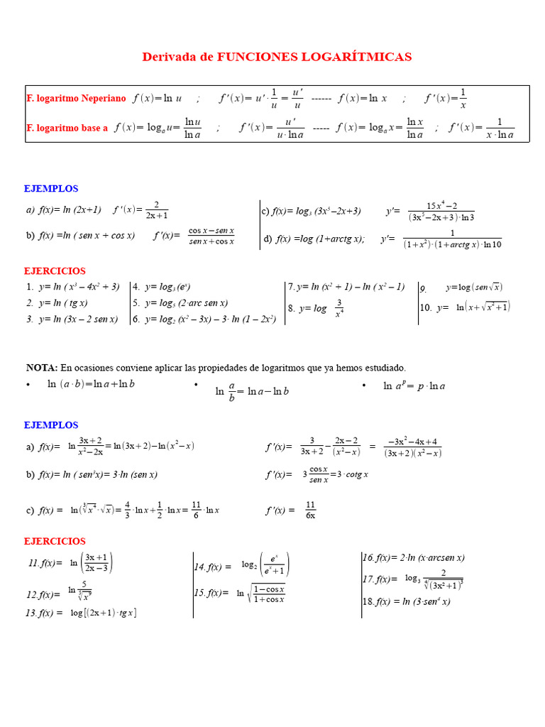 Derivadas de Funciones Logarítmicas y Exponenciales | PDF | Matemáticas ...