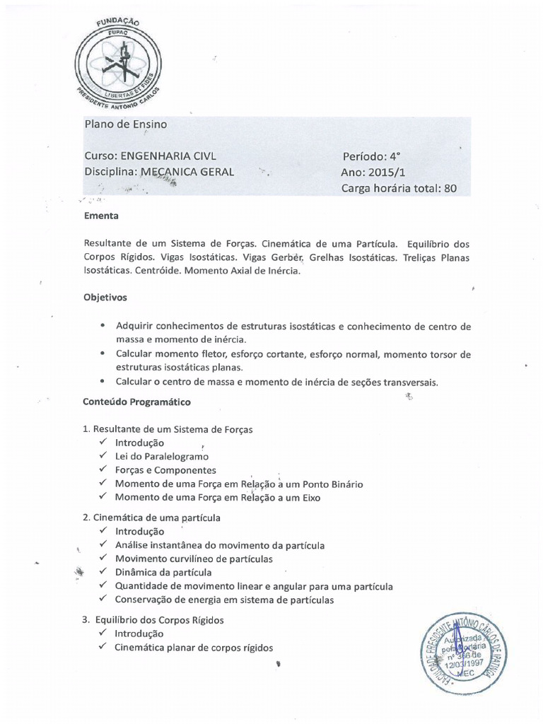 Ementa Mecanica Geral | PDF