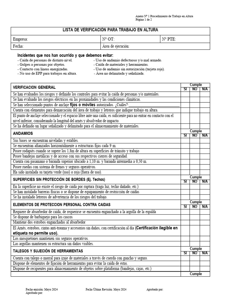 Anexo N°1 Lista de Verificación para Trabajo en Altura | PDF