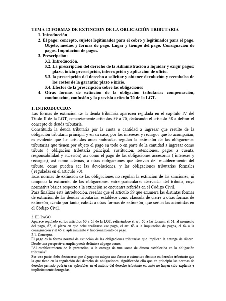 Tema 12 Formas de Extincion de La Obligación Tributaria | Descargar gratis PDF | Pagos ...