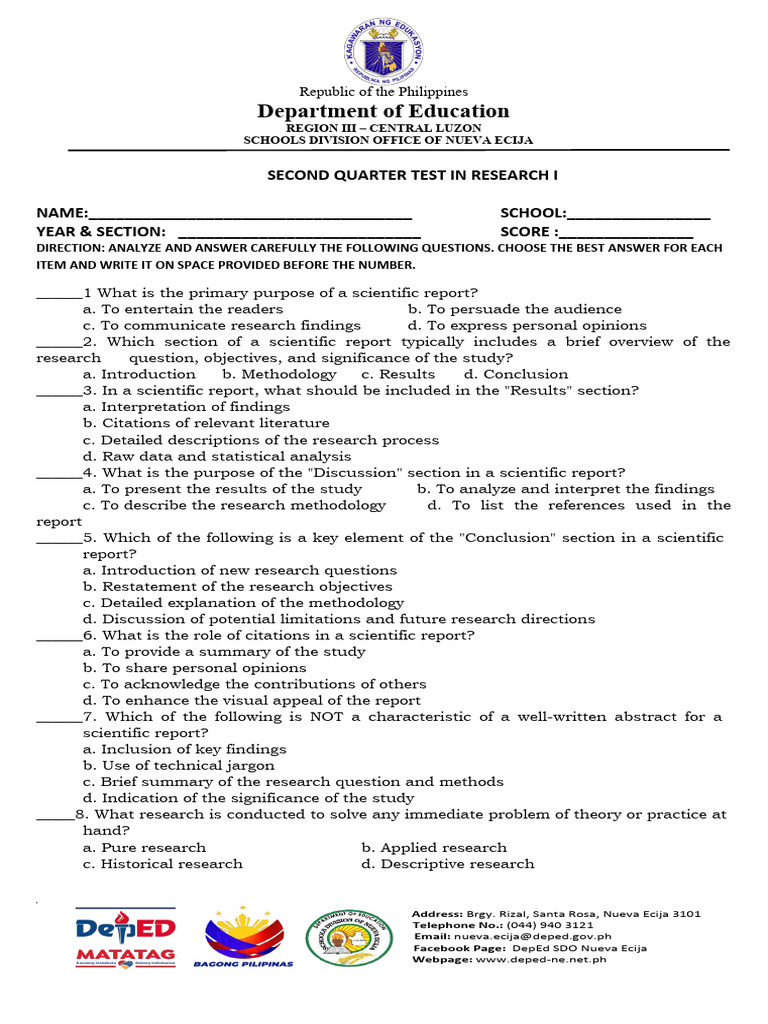Grade 9 Research I Quarter 2 Test | PDF | Scientific Method | Citation