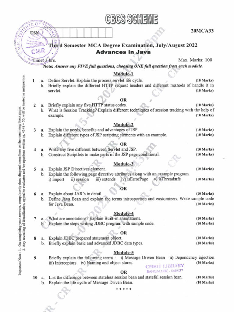 VTU Question Paper of 20MCA33 Advances in Java June-2022 | PDF