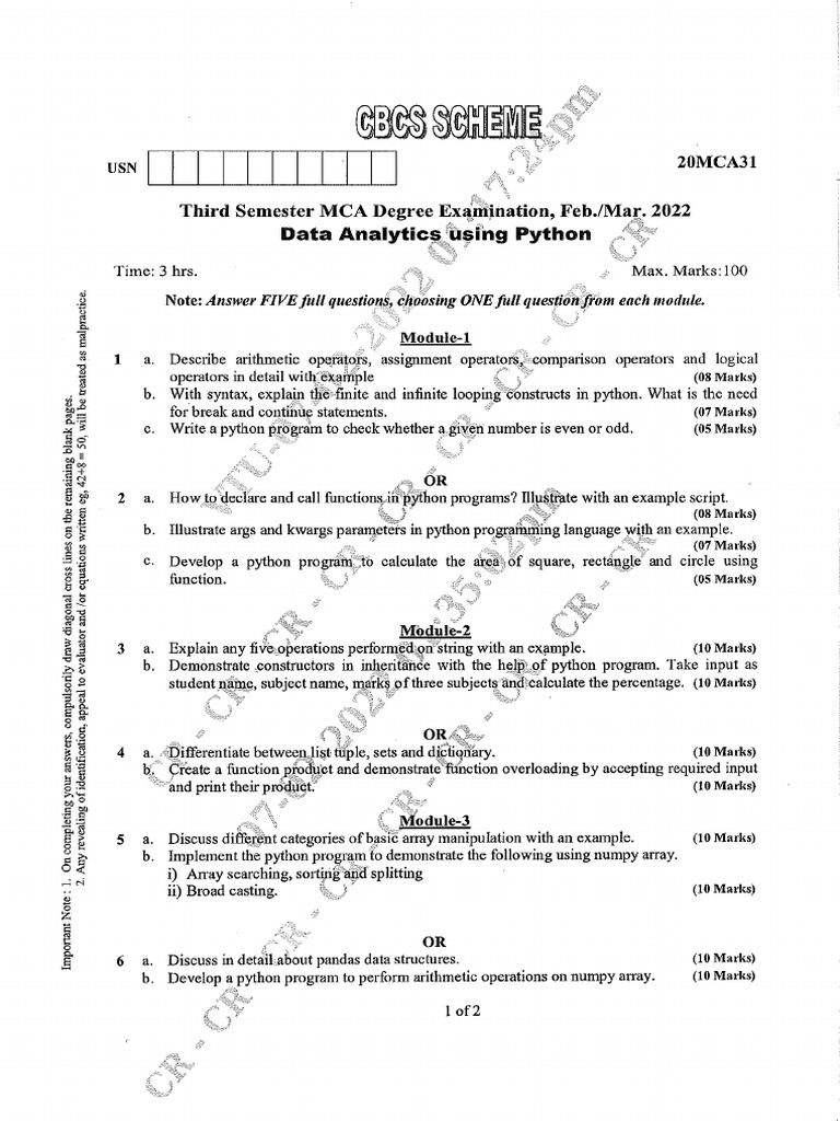 VTU Question Paper of 20MCA31 Data Analytics Using Python Feb-2022 | PDF