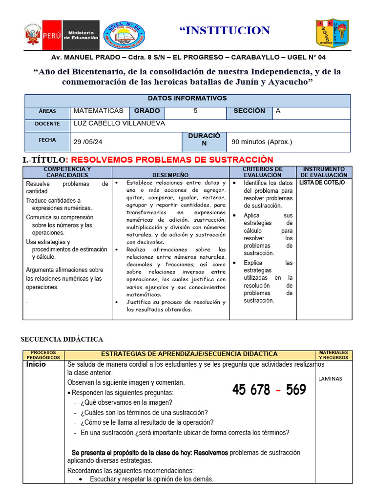 29-05-24 Mat Resolvemos Problemas de Sustracción | PDF | Sustracción ...