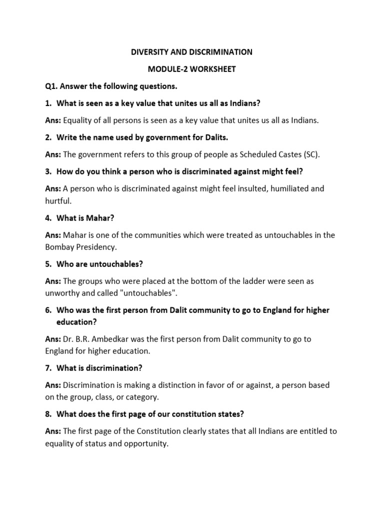 Diversity and Discrimination Worksheet-2 | PDF | Dalit | Discrimination