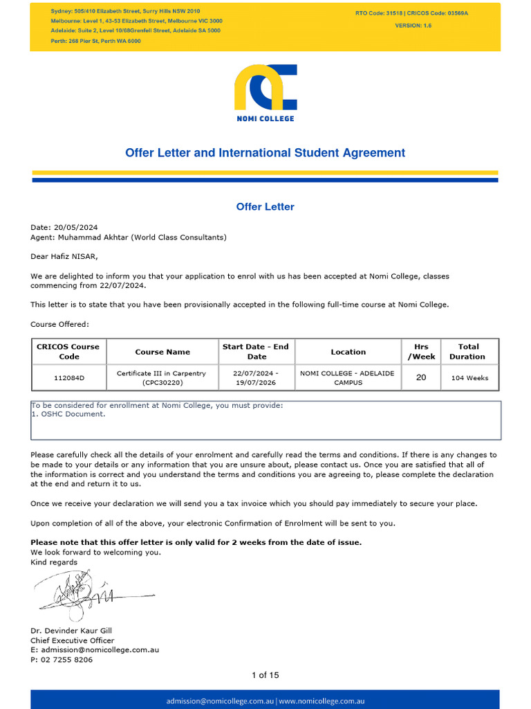 Offer Letter for Int'l Students | PDF | Fee | Vocational Education