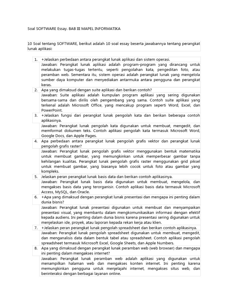 Soal SOFTWARE Essay BAB III MAPEL INFORMATIKA | PDF
