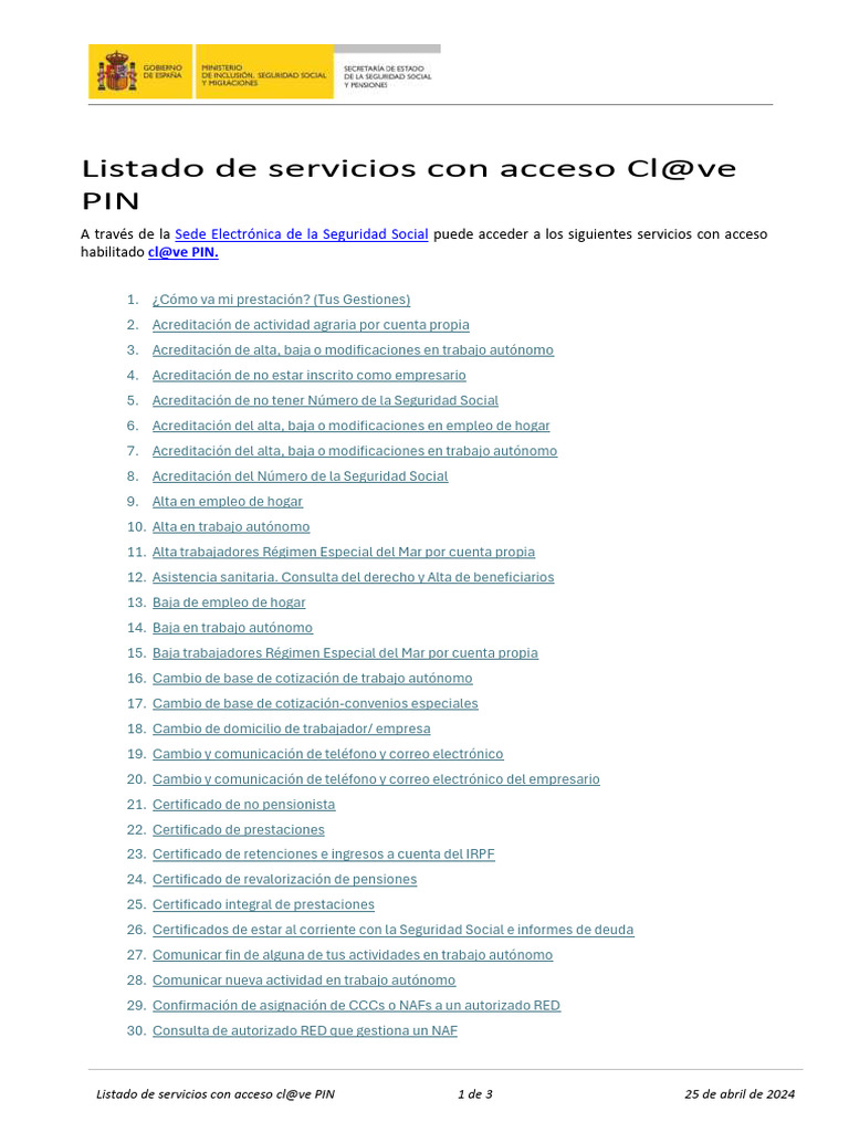Listado de Servicios Con Acceso Cl@ve PIN v17 | PDF