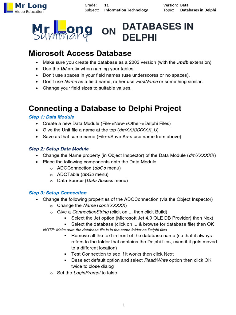 Grade 11: Delphi Database Guide | PDF | Microsoft Access | Databases