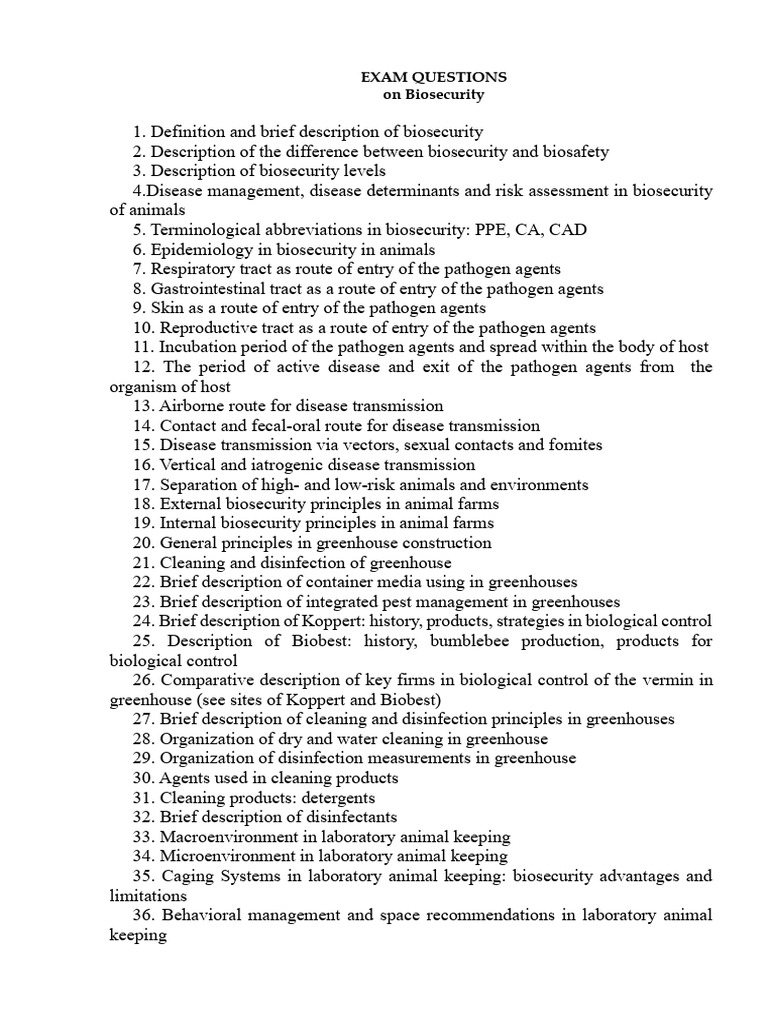 Biosecurity Exam Questions Overview | PDF | Medicine | Microbiology
