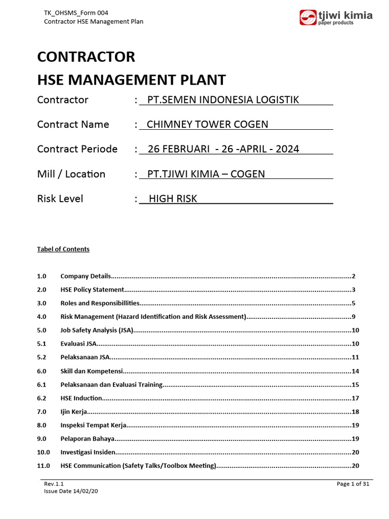 TK - OHSMS - Form 004 CHSE Management Plan R 1 | PDF