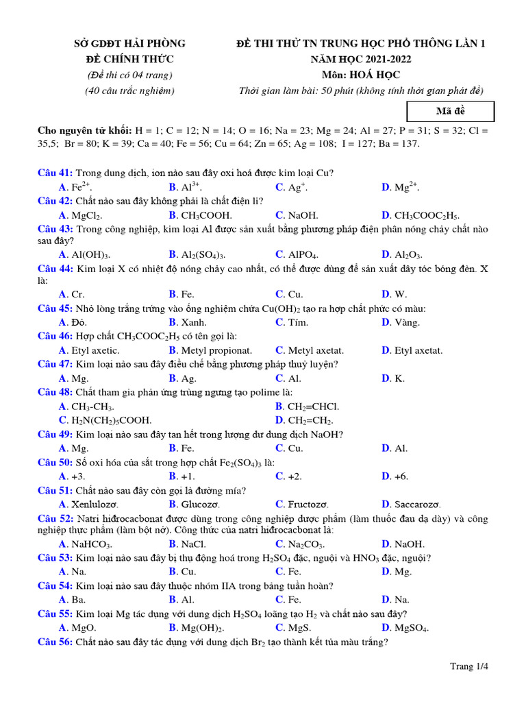 De Thi Thu Tot Nghiep THPT Nam 2021 2022 Mon Hoa Hoc So GDDT Hai Phong Lan 1 Co Loi Giai | PDF