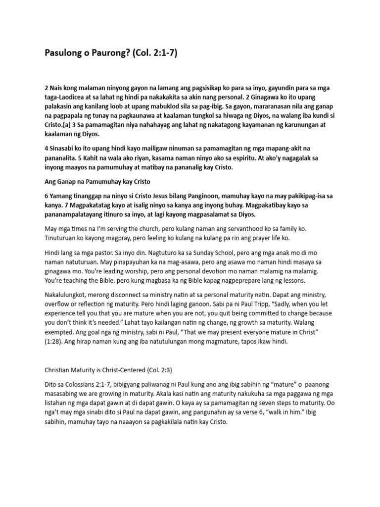 Pasulong o Paurong Colosians 2 1-7 | PDF