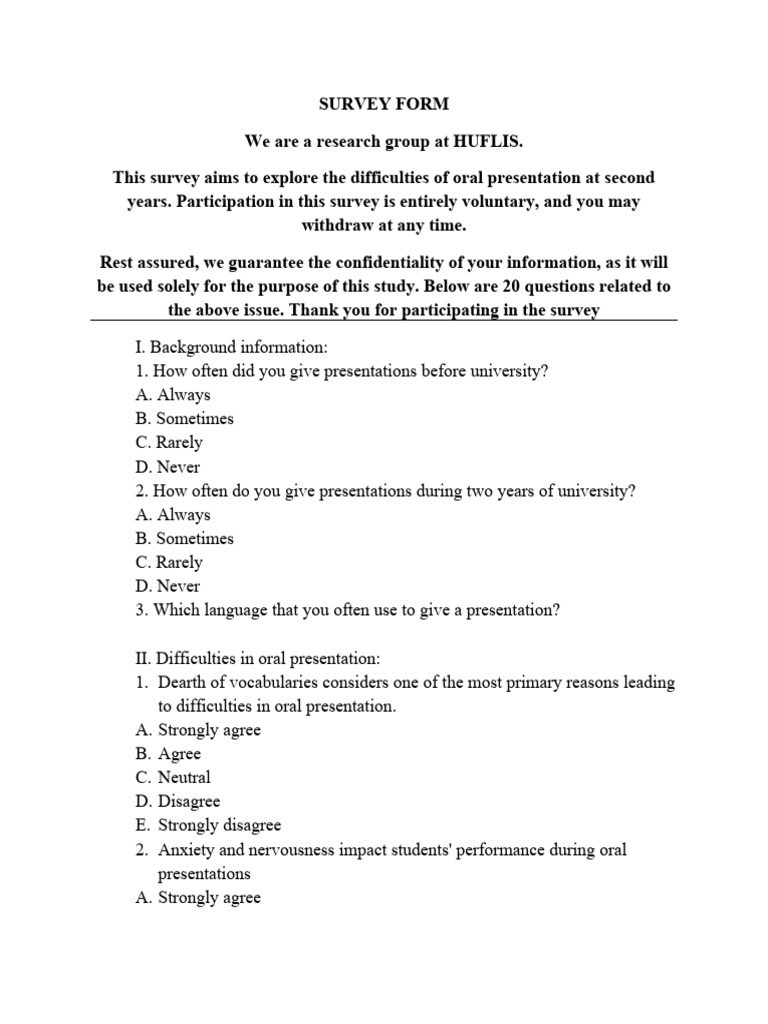 Questionnaire 1 | PDF | Public Speaking | Anxiety