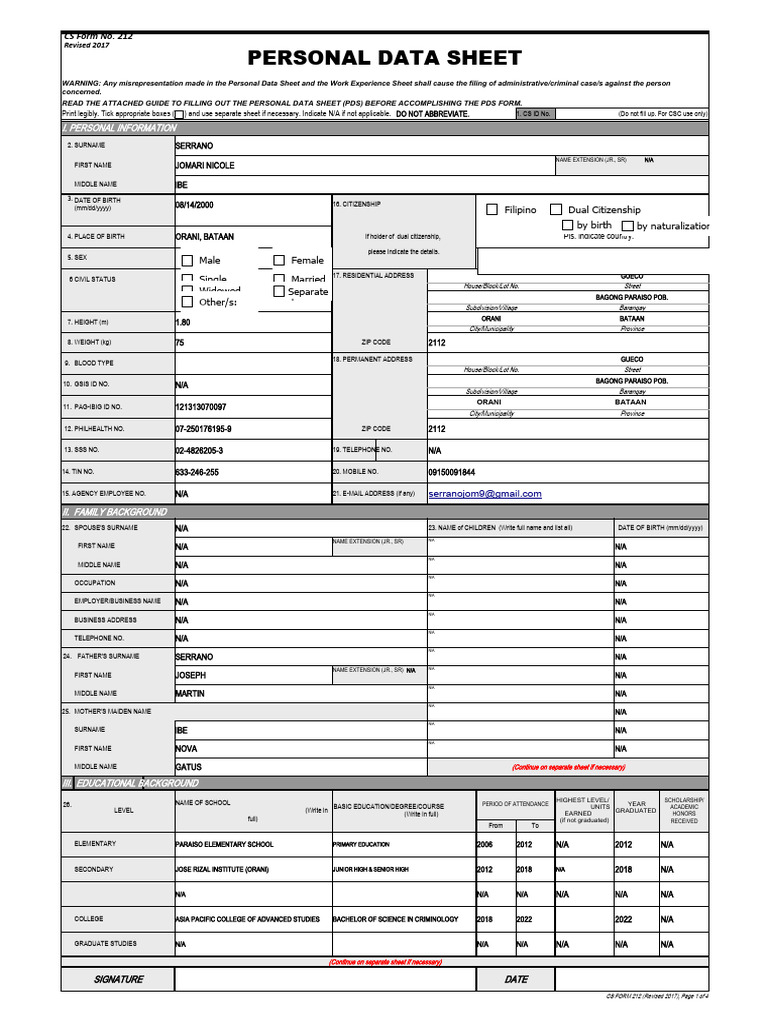 CS Form No. 212 Personal Data Sheet Revised | PDF | Crimes | Crime & Violence
