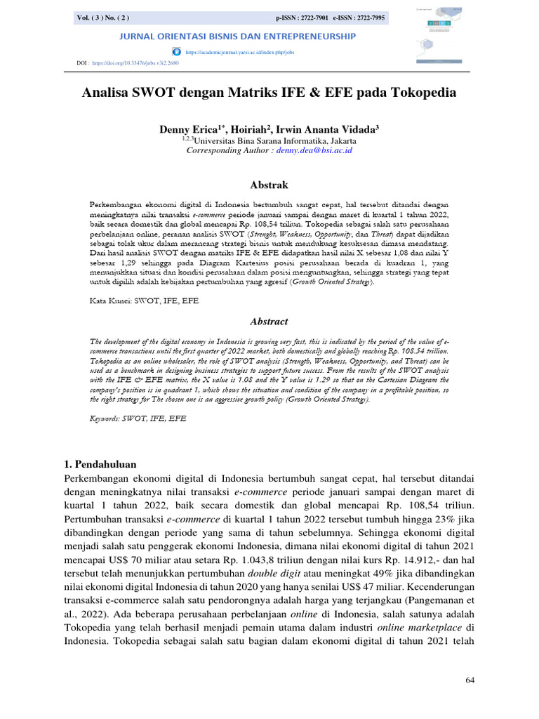 Analisa SWOT Dengan Matriks IFE EFE Pada Tokopedia | PDF