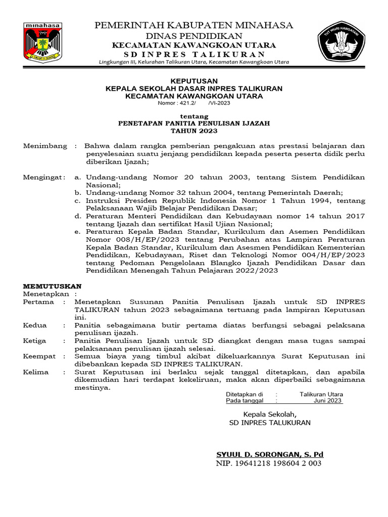 Contoh SK Panitia Penulisan Ijazah | PDF