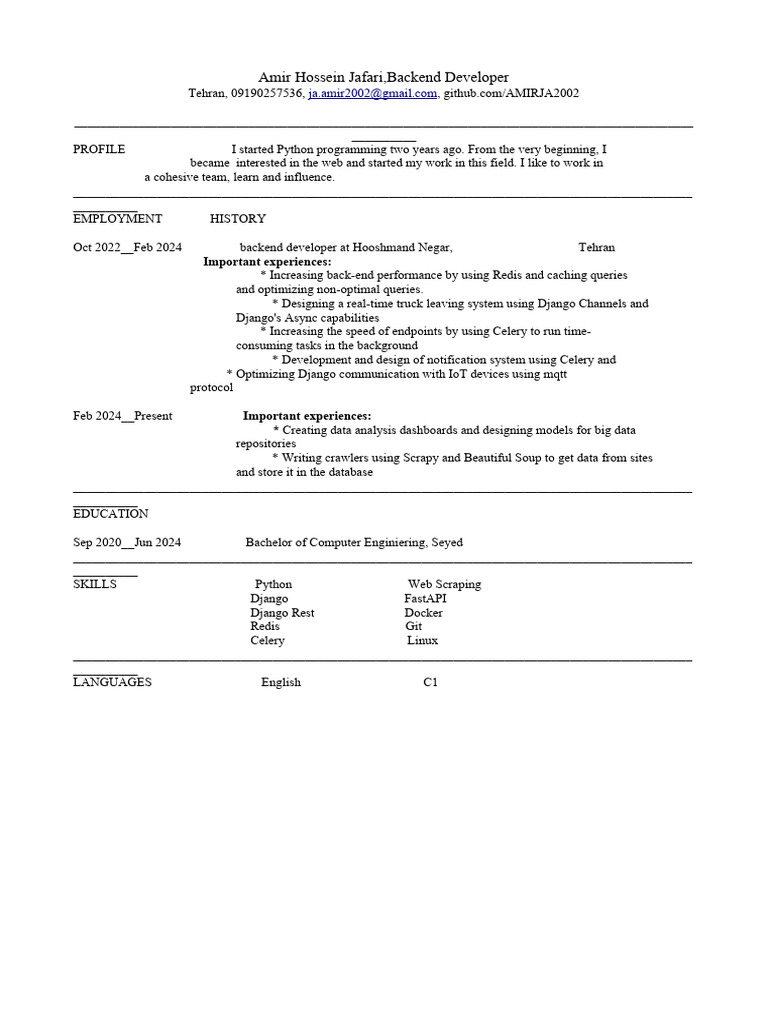 Amir Ja - Resume - Backend Developer | PDF | Computing | Information Technology
