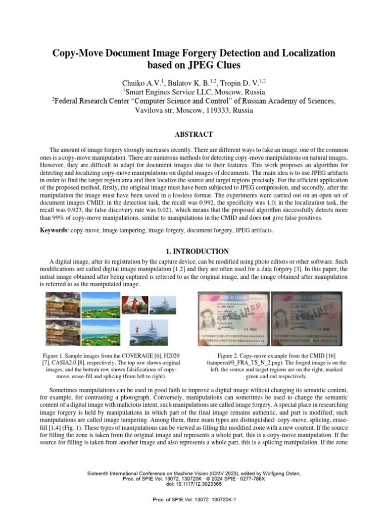 Copy-Move Document Image Forgery Detection and Localization Based On JPEG Clues | PDF | Data ...
