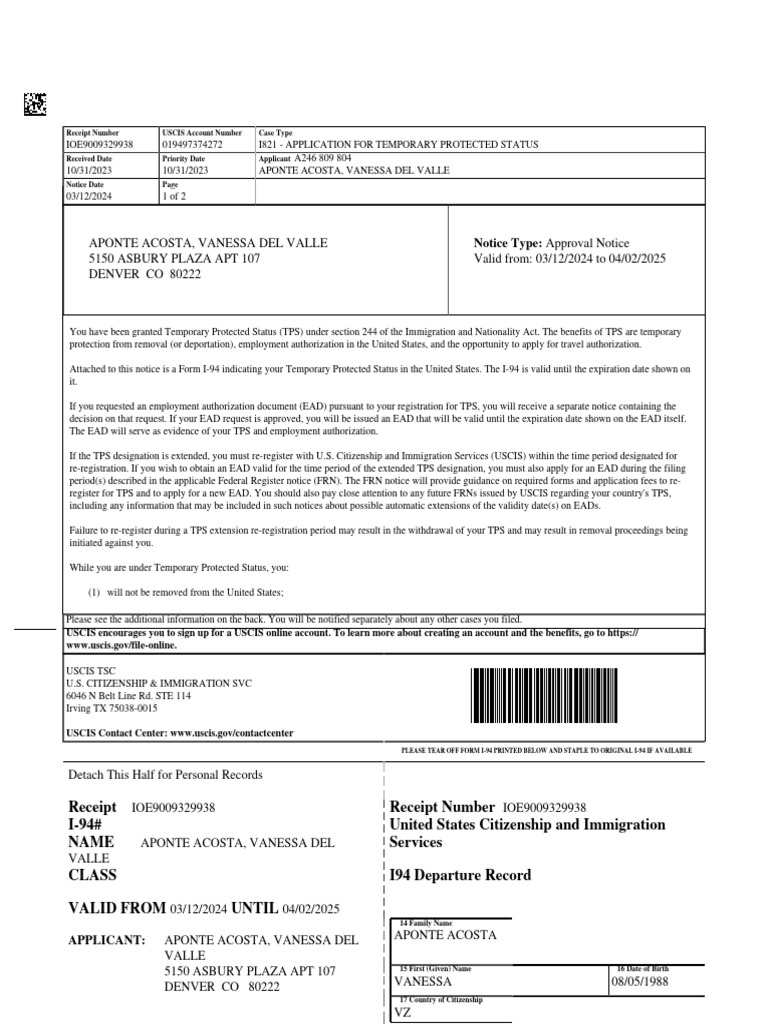 TPS Approval With I-94 | PDF | Cultural Globalization | Human Migration