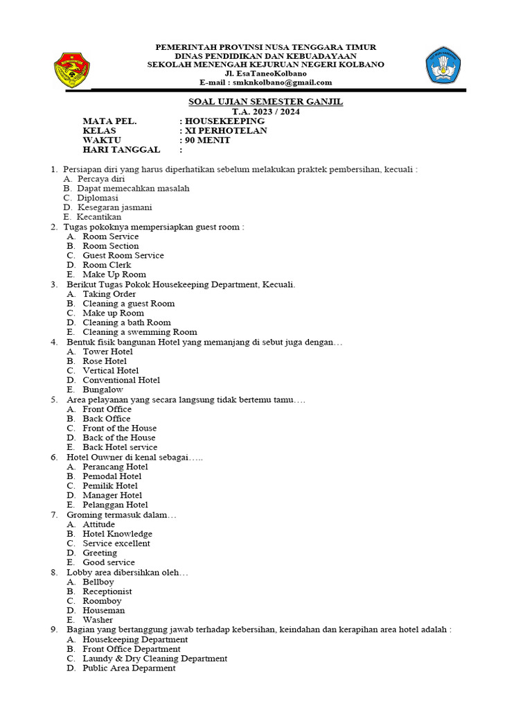 Soal Housekeeping Kelas Xi Semester Ganjil | PDF