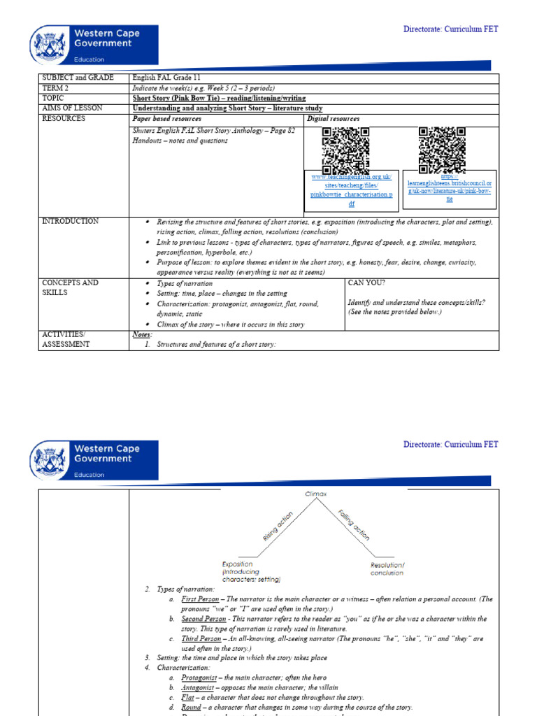 Week 5 FET Lesson Framework - 2020 - FAL GR 11 Short Story | PDF | Plot ...
