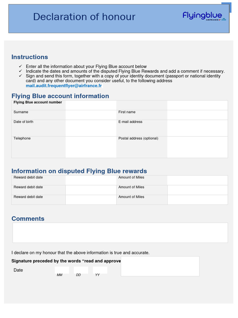 Flying Blue Rewards Dispute Form | PDF | Finance & Money Management