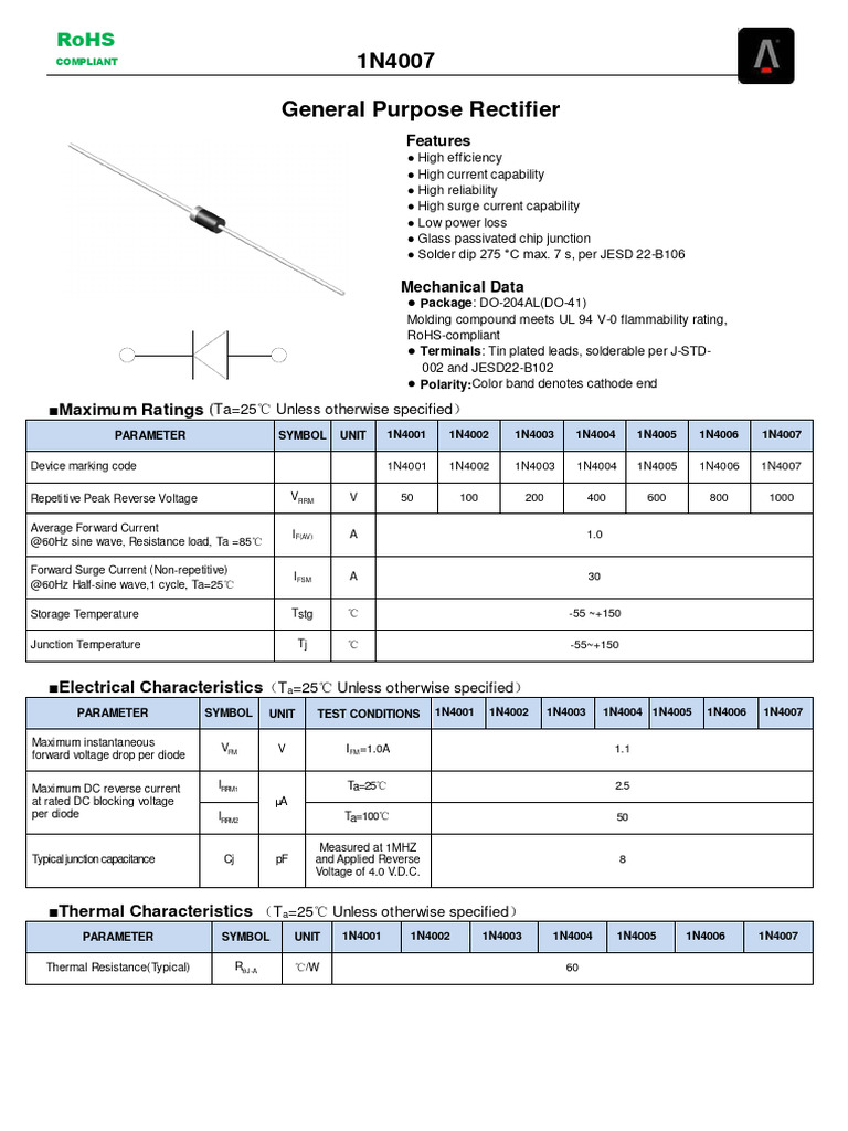 1N4007 General Purpose Rectifier: Maximum Ratings | PDF | Diode | Electronics