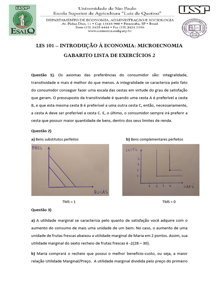 Gabarito Lista de Exercícios 2 | PDF | Utilidade | Economia