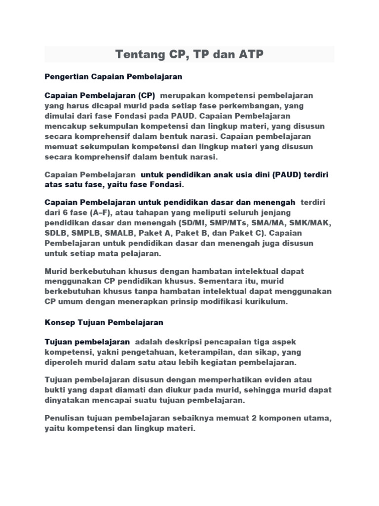 Pengertian CP, TP, dan ATP dalam Pendidikan | PDF | Karier ...