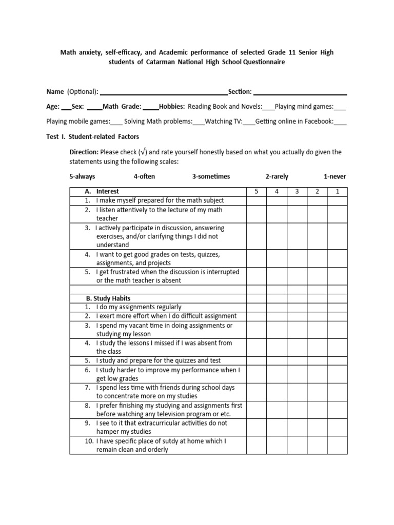 Questionnaire Research Math Anxiety and Self Efficacy | PDF | Teachers ...