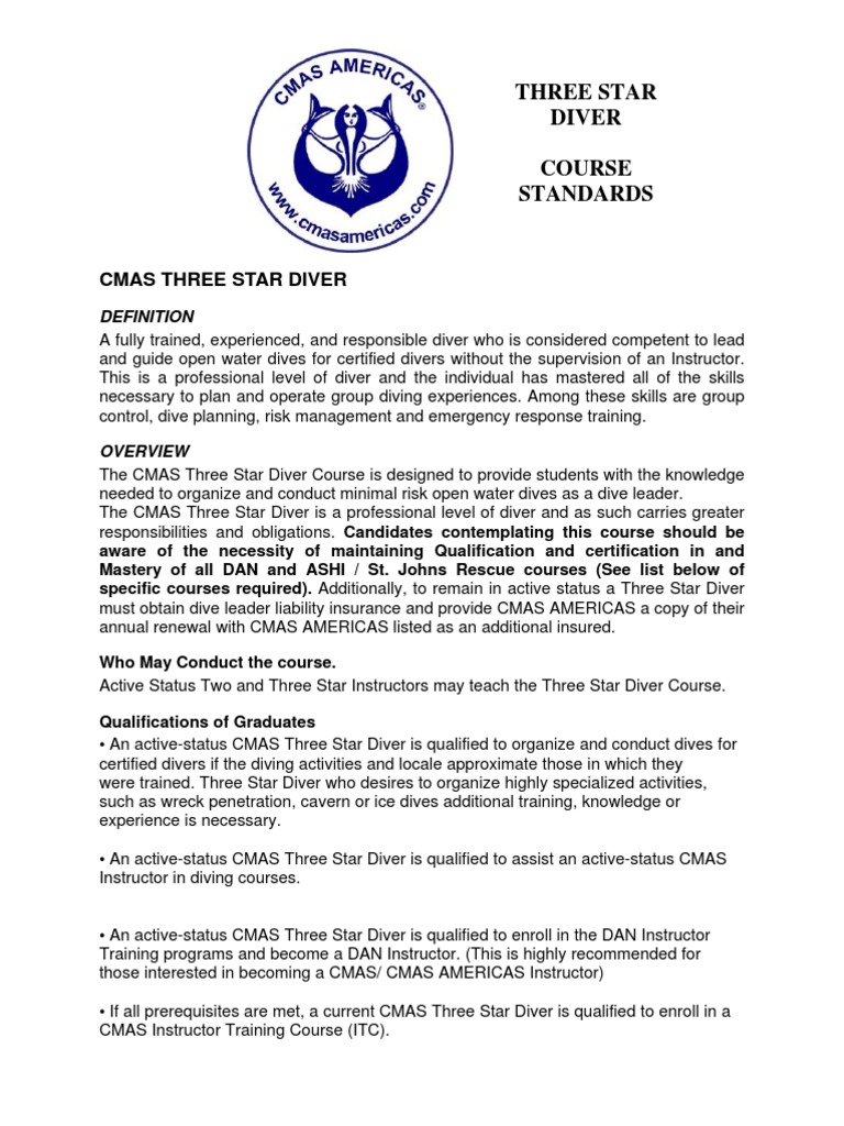CMAS Three Star Diver Course Overview | PDF | Scuba Diving | Diving ...